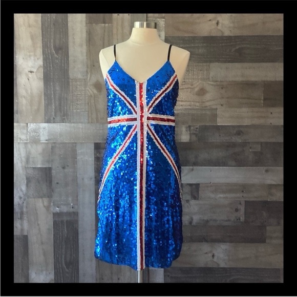 Dresses | Annakaci Union Jack Dress Medium Red White And Blue Sequins ...